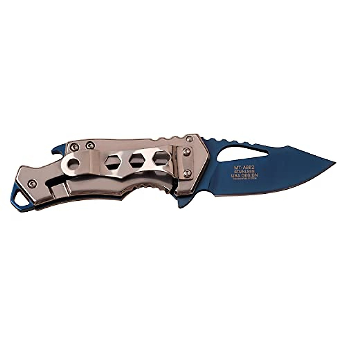MTech USA MT-A882SBL Spring Assist Folding Knife, Blue Straight Edge Blade, Silver Handle, 3-Inch Closed