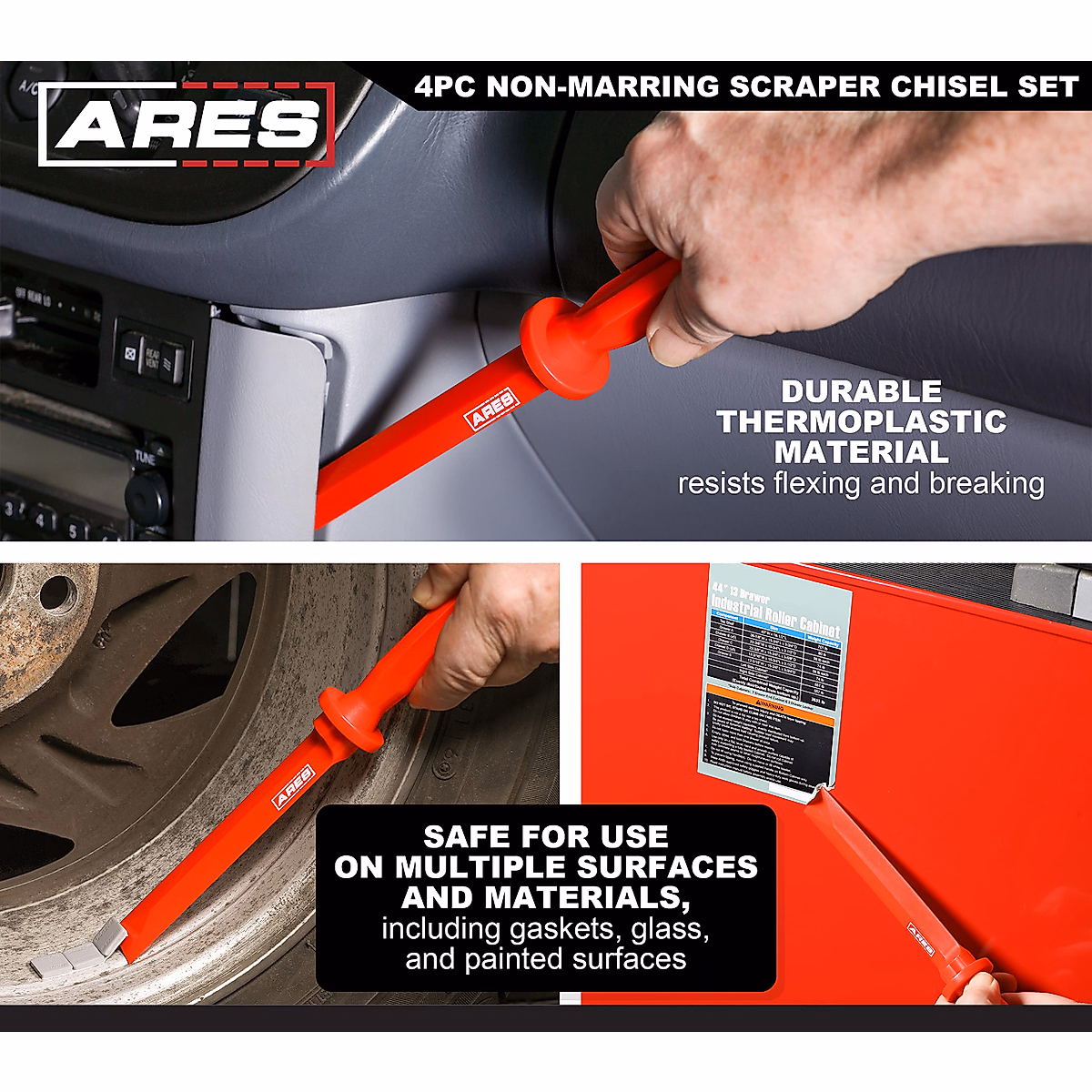 ARES 10083 – 4-Piece Non-Marring Scraper Chisel Set – Thermoplastic Construction Resists Flexing and Breaking – Safely Removes Debris, Adhesives, Film, Deposits and More from a Variety of Surfaces