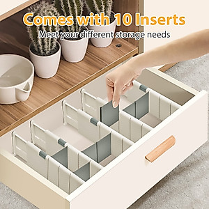 JONYJ Drawer Dividers Organizer 5 Pack, Adjustable Separators with 10 Inserts 4" High Expandable from 11-17" for Bedroom, Bathroom, Closet, Clothing, Office, Kitchen, Strong Secure Hold, Ivory