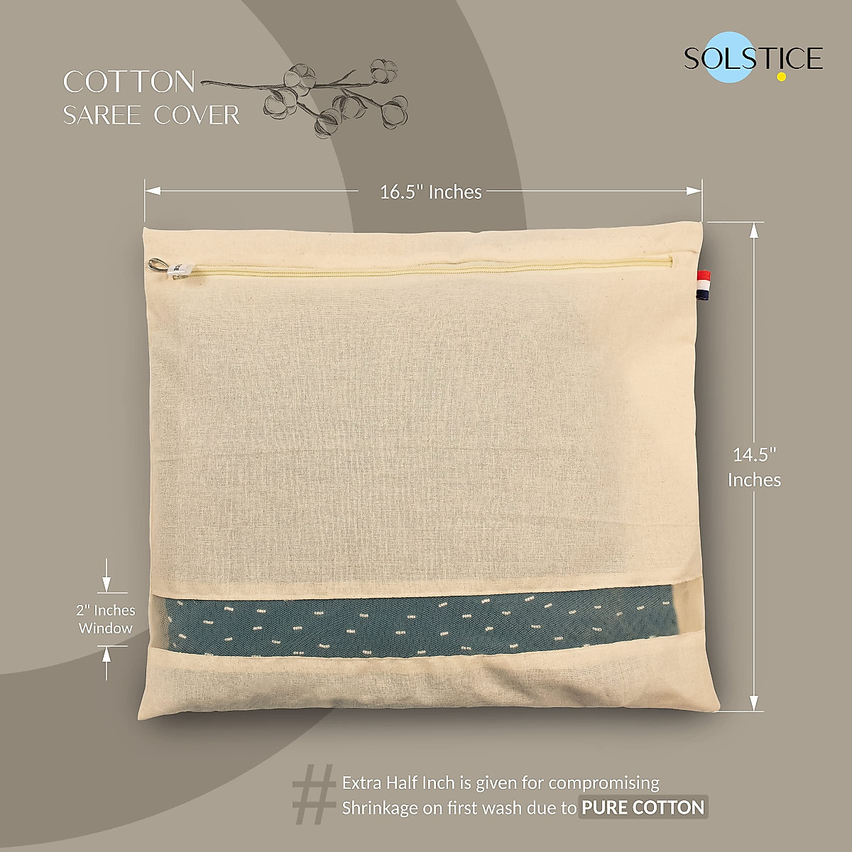 SOLSTICE Cotton Saree Bags, Covers for Storage Set with Zip Closure for Clothes Bags and Wardrobe Organizer with Transparent mesh window (16 x 14 Inches)