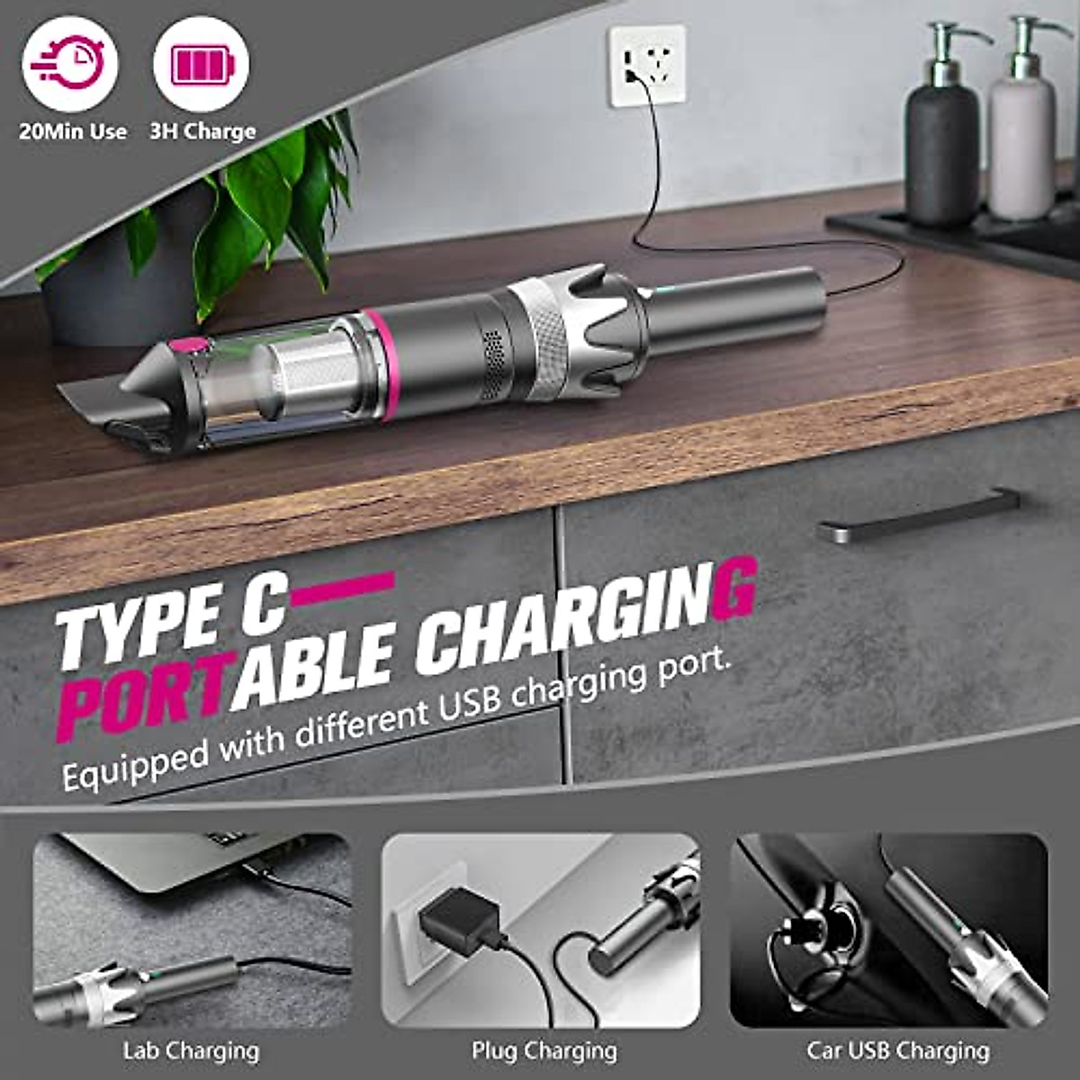 BSRCO Handheld Vacuum Cordless, 8K Pa Powerful Portable Vacuum for Car, Rechargeable 3-in-1 Mini Cleaner with 2-Speed for Home, Office and Pet Hair, Purple