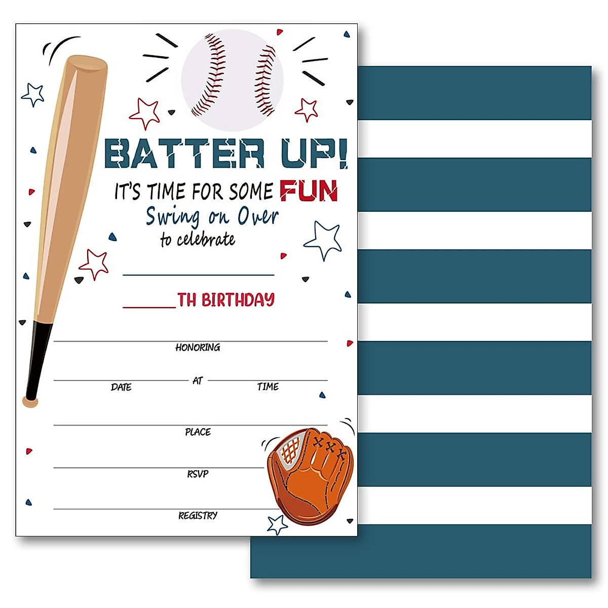 Grace Yonks Baseball Invitation, Baseball Invites, 20 Invitations and Envelopes, Birthday party Invitations, Birthday Party Supplies.(015)