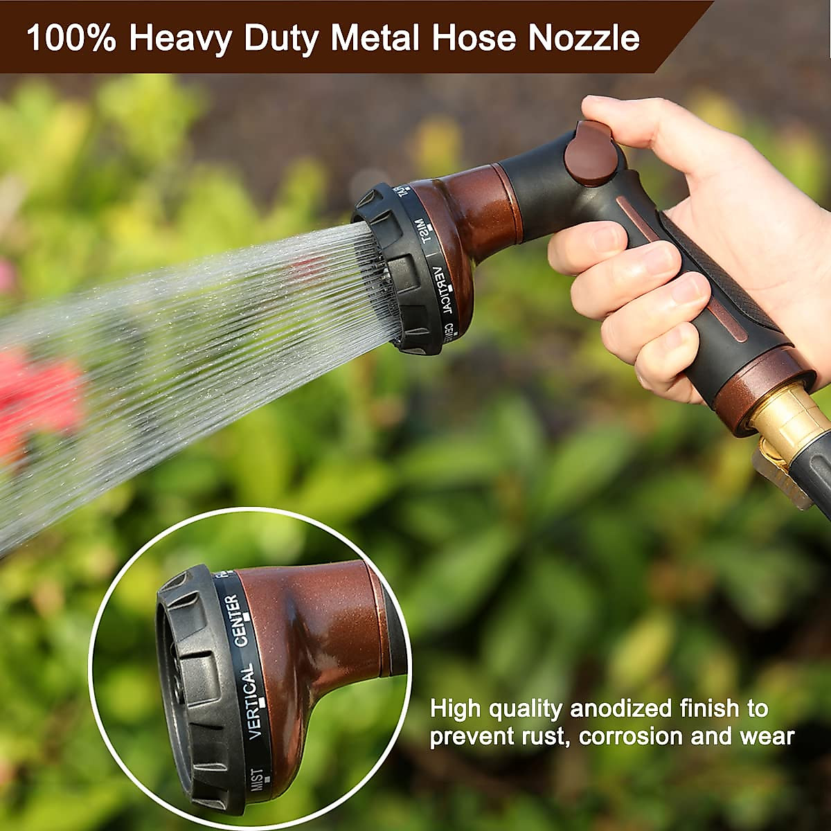 FANHAO Garden Hose Nozzle, 100% Heavy Duty Metal Water Hose Sprayer with 8 Spray Patterns, High Pressure Water Nozzle with Thumb Control, On Off Valve for Watering Plants, Washing Cars & Pets, Brown