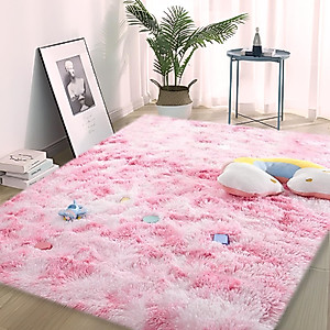 AIMECO Area Rugs for Bedroom, 4X6 Ft Fluffy Rug Carpet Shag Rug for Living Room Bedside Nursery Girls Bedroom, Tie-Dyed Pink