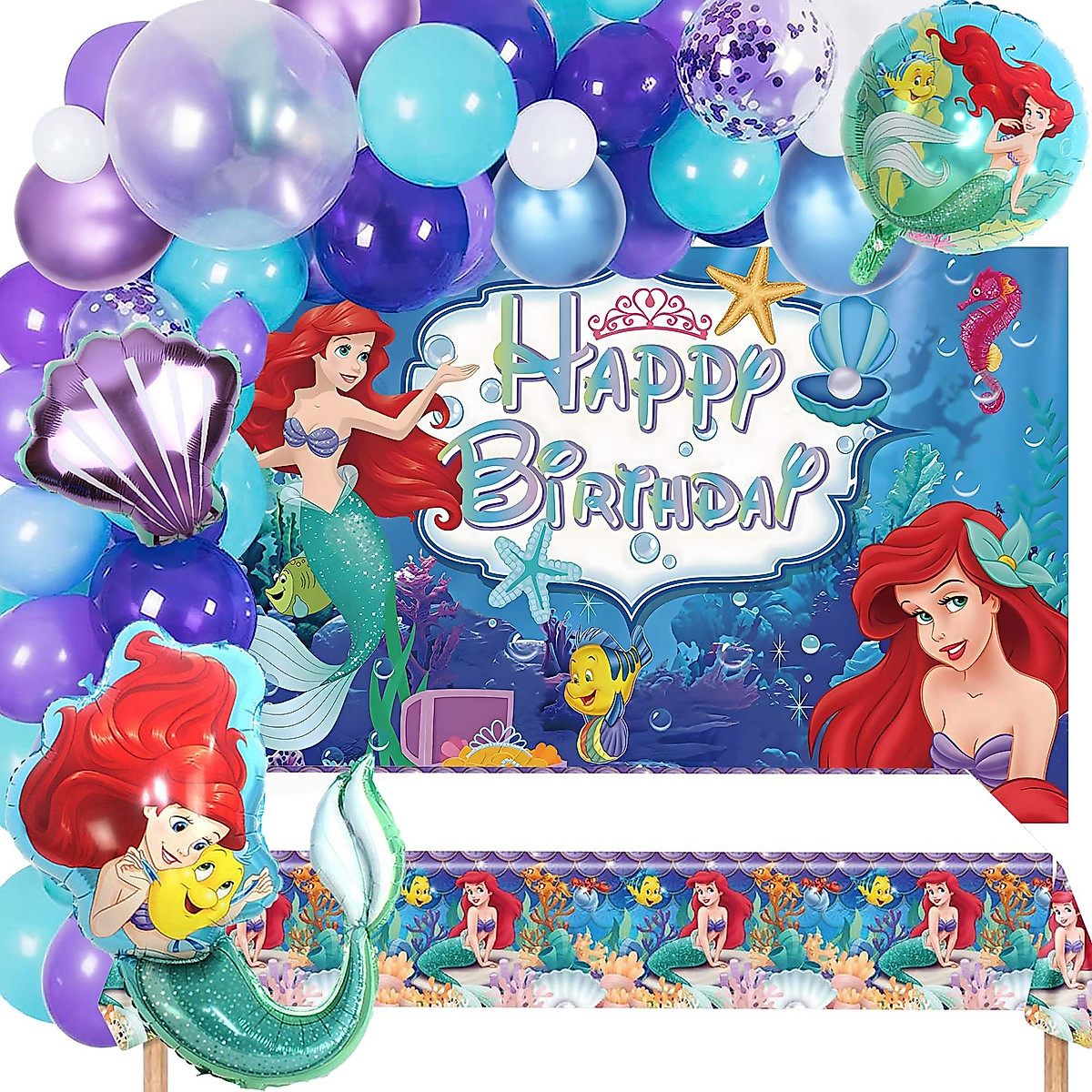 Little Mermaid Birthday Party Supplies, Mermaid Balloons Garland Arch Kit, Little Mermaid Ariel Birthday Party Decorations, Mermaid Backdrop, Tablecloth, Mermaid Party Favors