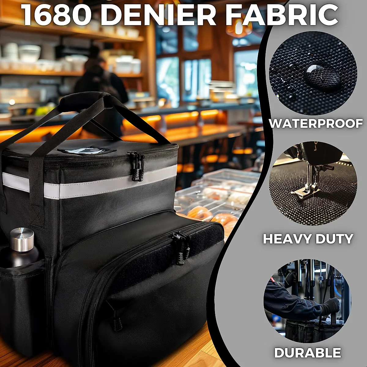 Insulated Food Delivery Backpack made with Expandable 1680D commercial-grade fabric features customizable Velcro patch area for branding, ideal for bike deliveries, Uber Eats, DoorDash, Grubhub