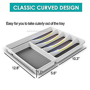 SUJUDE Silverware Drawer Organizer - Non Slip Utensil Tray Narrow, Kitchen Cutlery Tray Drawer Organizers Plastic 6 Compartment Gray Tray