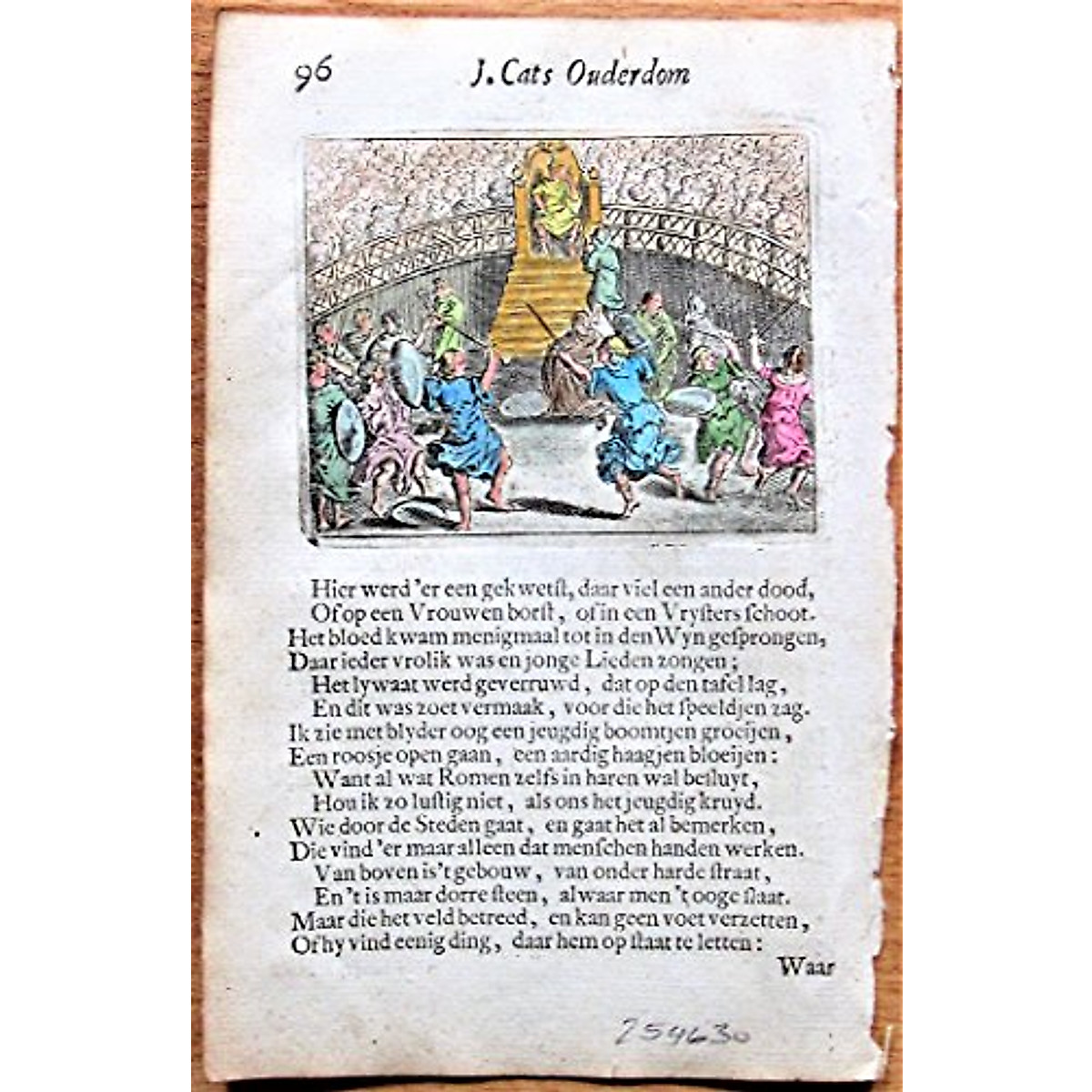 Antique Copperplate Miniature Engraving: BL96 from Ouderdom, Buyten Leven, en Hof Gedachten