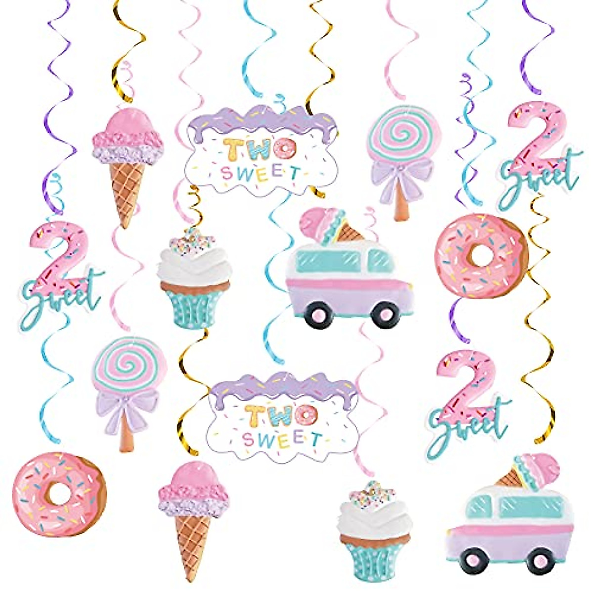20Pcs Ice Cream Two Sweet 2nd Birthday Party Supplies, Ice Cream and Donut Party Hanging Swirl Decorations, Summer Ice Cream Party Hanging Streamer for Ice Cream Baby Second Birthday Donut Theme Party