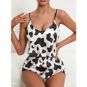 WDIRARA Women's Sleepwear Cute Print Lettuce Trim Cami and Shorts Pajama Set White Black Cow S