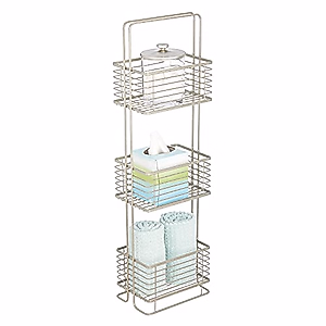 mDesign Slim Metal Wire 3 Tier Free-Standing Bathroom Shelving Unit, Small Narrow Storage Organizer Tower Rack with 3 Basket Bins - Holds Tissues, Hand Soap, Toiletries - Satin