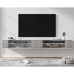 WAMPAT 79 inch Floating TV Stand for TVs up to 75 inch, Wall Mounted Shelf Entertainment Center, TV Cabinet Media Console Wood Storage Hutch Under TV for Living Room,Grey&White