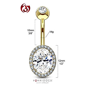 Forbidden Body Jewelry Surgical Steel Double Tiered Fancy CZ Oval Belly Button Ring with Large CZ Center, Clear (Gold Tone)