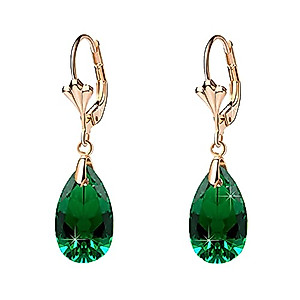 Austrian Crystal Teardrop Leverback Dangle Earrings for Women Fashion 14K Gold Plated Hypoallergenic Jewelry (Emerald)