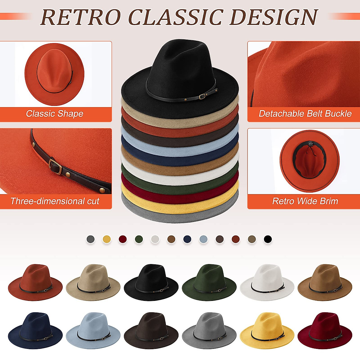 Lasnten 12 Pieces Women Wide Brim Hat Belt Buckle Floppy Panama Hat Wool Vintage Hats Bulk Felt Women Jazz Hat Retro Hat (Assorted Colors)