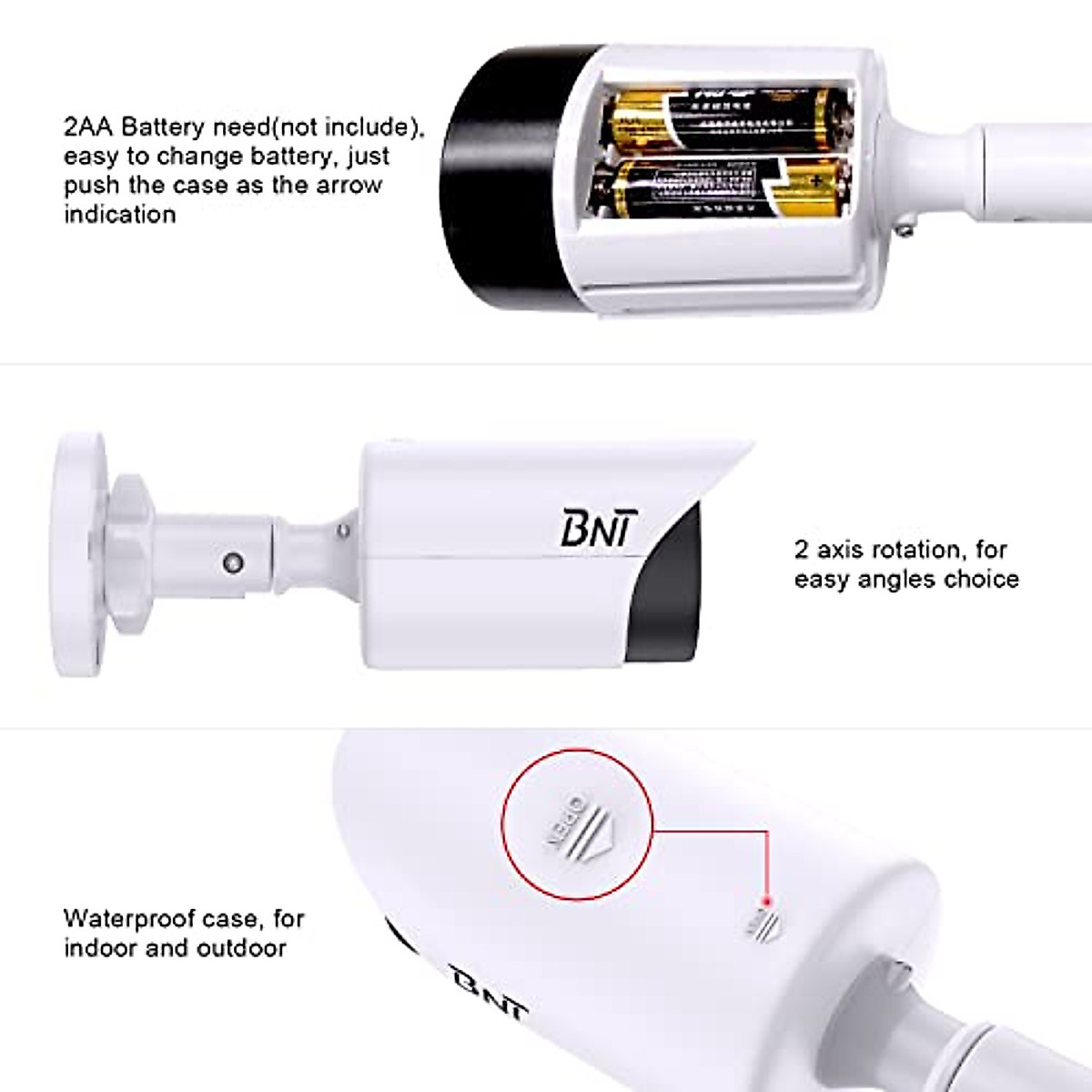 BNT Dummy Fake Security Camera, with One Red LED Light at Night, for Home and Businesses Security Indoor/Outdoor (4 Pack, White)