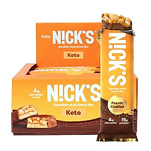 Nick's Swedish Style Protein Snack Bar, Chocolate Peanut Keto Protein Bar, 15g Protein, Low Carb, Low Sugar, Meal Replacement Bar, Keto-Friendly Snack, 12-Count