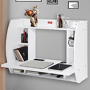 VEVOR Floating Wall Mount Computer Desk Socket and 70.9 in (1.8 m) Power Cord for Home Office, Space Saving with Storage Shelves and Cubby, White