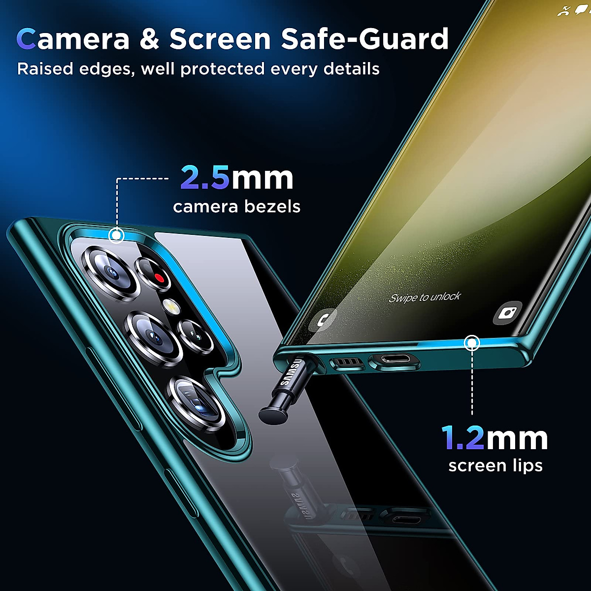 Humixx Crystal Clear Case for Samsung Galaxy S23 Ultra 6.8" - Midnight Green [Never Yellow] [Mil-Grade Protection] [Slim Fit] [2x Screen & Camera Protectors]