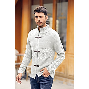 Karlywindow Mens Cable Knitted Cardigan Sweater Turtleneck Long Sleeve Slim Fit Winter Zipper Front Casual Pullover Sweaters