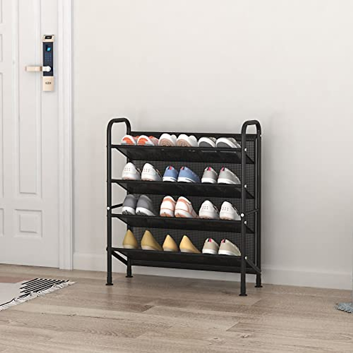 FKUO 4 Tier Shoe rack for closet Mesh fabric narrow Metal shoe racks, Space saving Small Shoe Storage Organizer Shelf for Entryway, Hallway, Dorm Room (Black, 4-Tier)