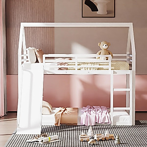 DreamBuck Bunk Bed Twin Over Twin, Metal House Shaped Bunk Bed with Convertible Slide and Ladder, Low Bunkbeds with High Guardrail for Kids Girls Boys, No Box Spring Needed, Without Noise, White