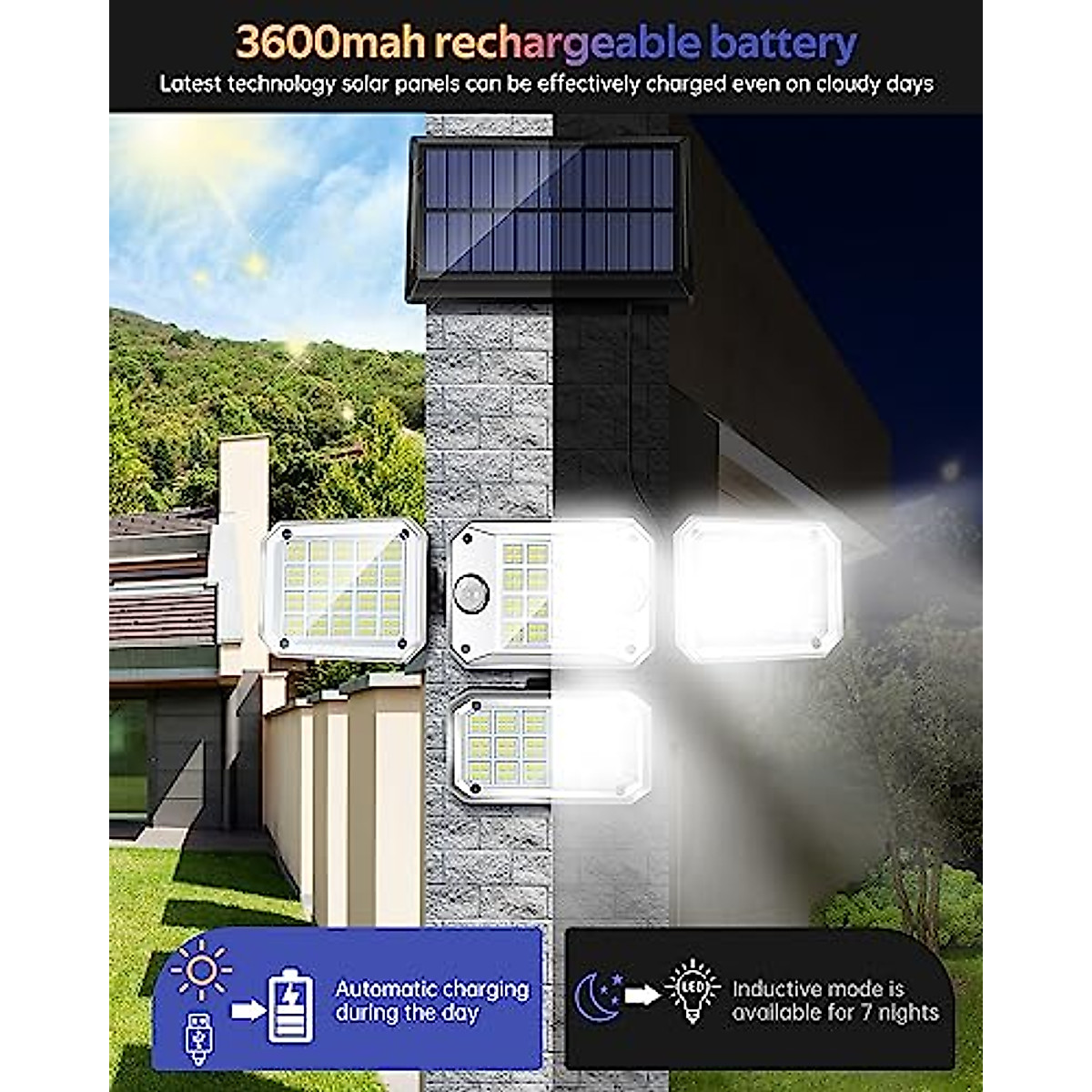 UTEBIT Solar Motion Sensor Flood Light, 4 Heads LED Security Lights, IP65 Waterproof Outdoor Wall Light, 3000LM Snowflake Lights, USB Chargeable 3 Modes Garden Yard Solar Lights for Outside