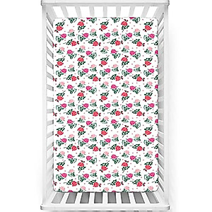 Rose Themed Fitted Mini Crib Sheets,Portable Mini Crib Sheets Soft and Breathable Bed Sheets-Great for Boy or Girl Room or Nursery,24“ x38“,Rose Dark Coral