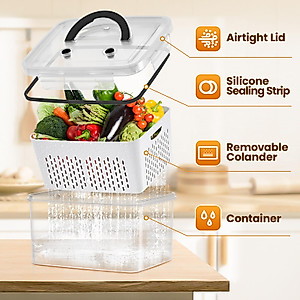 Mowdug 4 Pack Fruit Storage Containers with Removable Colanders for Fridge, BPA-Free, Vegetable Saver Container with Lid, Colander, Vent and Handle, Keep Fruits, Vegetables, Berry, Meat Fresh longer