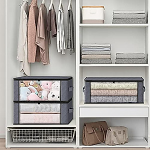 HomeHacks Storage 3-Pack Clothes Organizer Storage Bags Foldable Storage Box with Large Clear Window Sturdy Handles for Closet, Dorm, Pillows, Bedding, Clothes, Stuffed Toys, Blankets, 35L, Grey