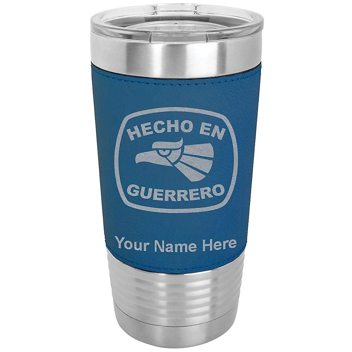 LaserGram 20oz Vacuum Insulated Tumbler Mug, Hecho en Guerrero, Personalized Engraving Included (Faux Leather, Blue)