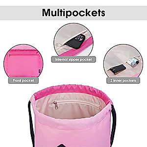 WANDF Drawstring Backpack Sports Gym Bag with Wet Compartment, Water-Resistant String Bag Cinch Bag for Women Men (Pink.)