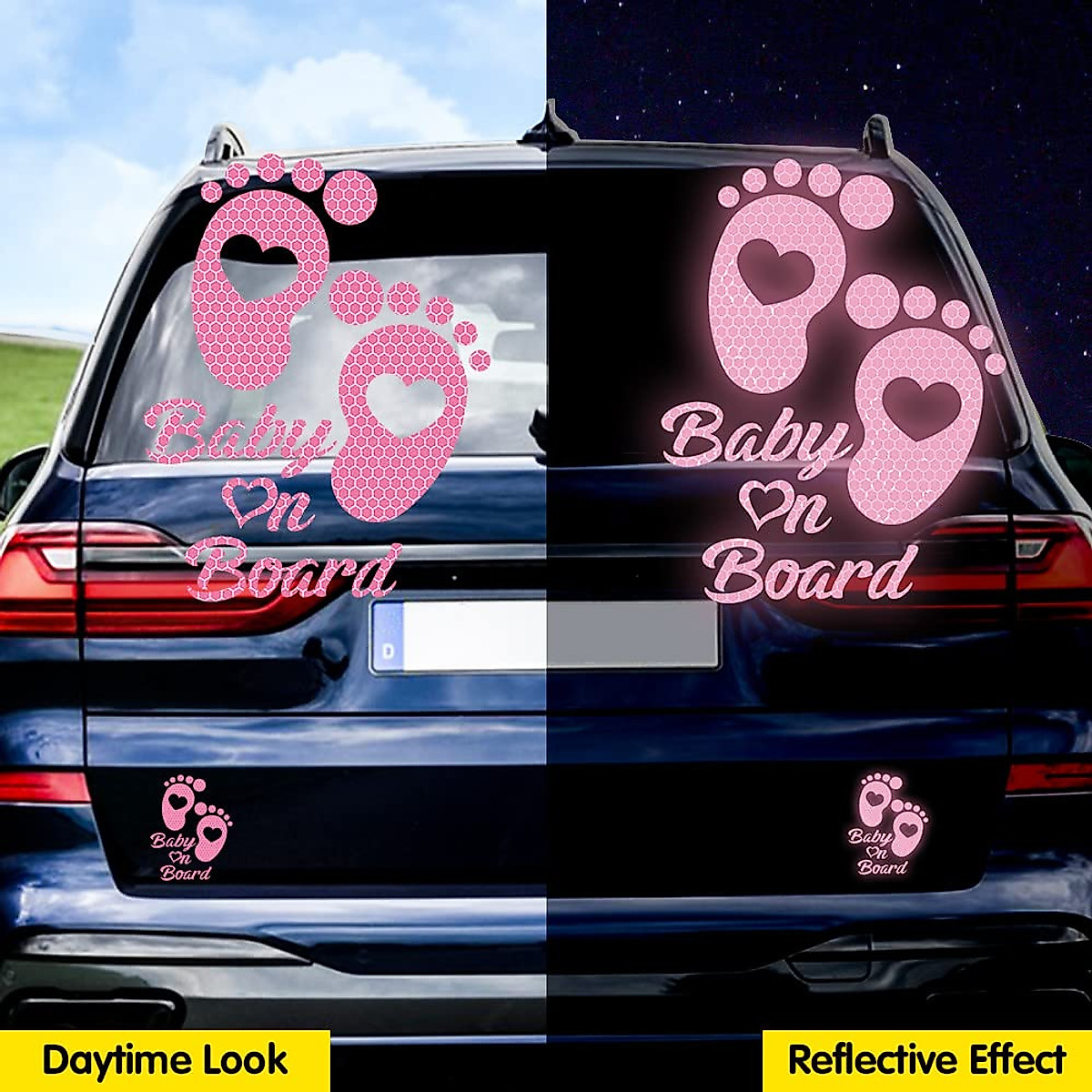 2PCS Baby on Board Stickers for Cars, Nouiroy Reflective Baby in Car Stickers and Decals Cute Feet Car Window Clings Safety Warning Sign Waterproof Auto Vinyl Sticker, Pink