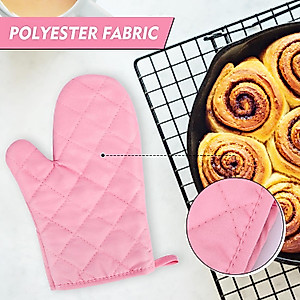 Heat Resistant Thick Cotton Oven Mitts Set, Soft Quilted Lining, Strong Grip Potholders for Hot Pans and Oven, Kitchen Mitt Pair Protect Hands, Cooking Baking BBQ Gloves, 11 Inch, Pink