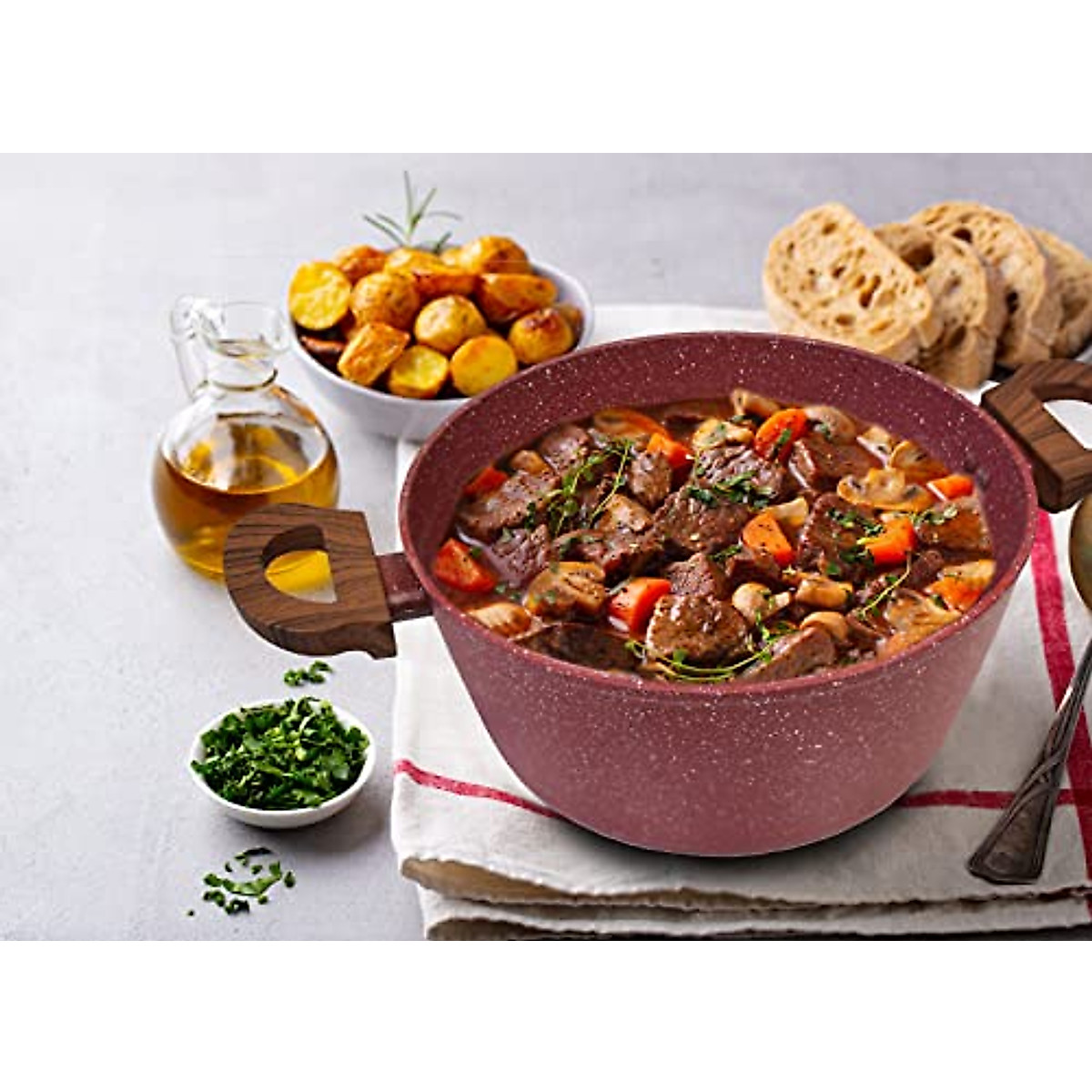 6 Quart Nonstick Dutch Oven with Lid, Stock Pot Nonstick Soup Pot Casserole Pot Granite Cooking Pot, Healthy Pasta Pot Red Sauce Pot with Wood grain Bakelite Handle, All Stove Compatible PFOA Free