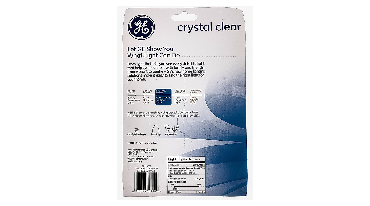GE Crystal Clear 60W Blunt Tip Bulbs 6-Pack - Decorative Lighting