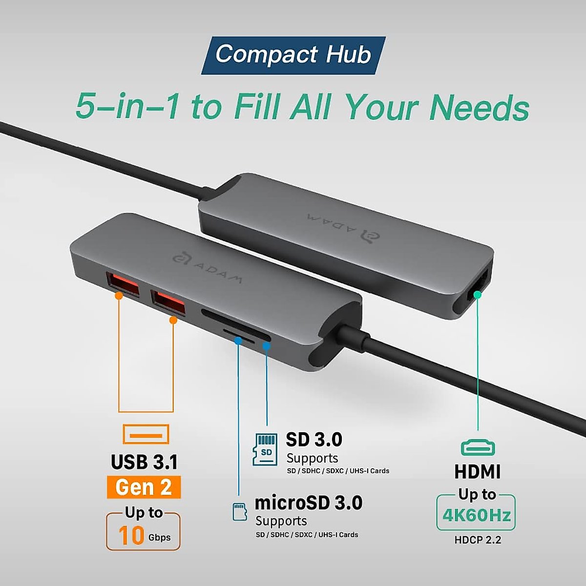 ADAM elements USB-C Gen2 Hub/Laptop Docking Station – CASA Hub A05 5in1 Multiport Adapter for Mac & PC Series - USB-A 3.1 Gen2 x2, HDMI, SD & microSD Card Reader