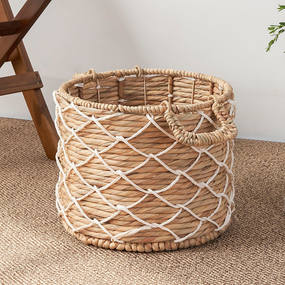 Woven Water Hyacinth Wicker with Rope Storage Basket (18" x 18" x 15" - Natural Brown) - Ideal for Halloween, Thanksgiving, and Home Organization