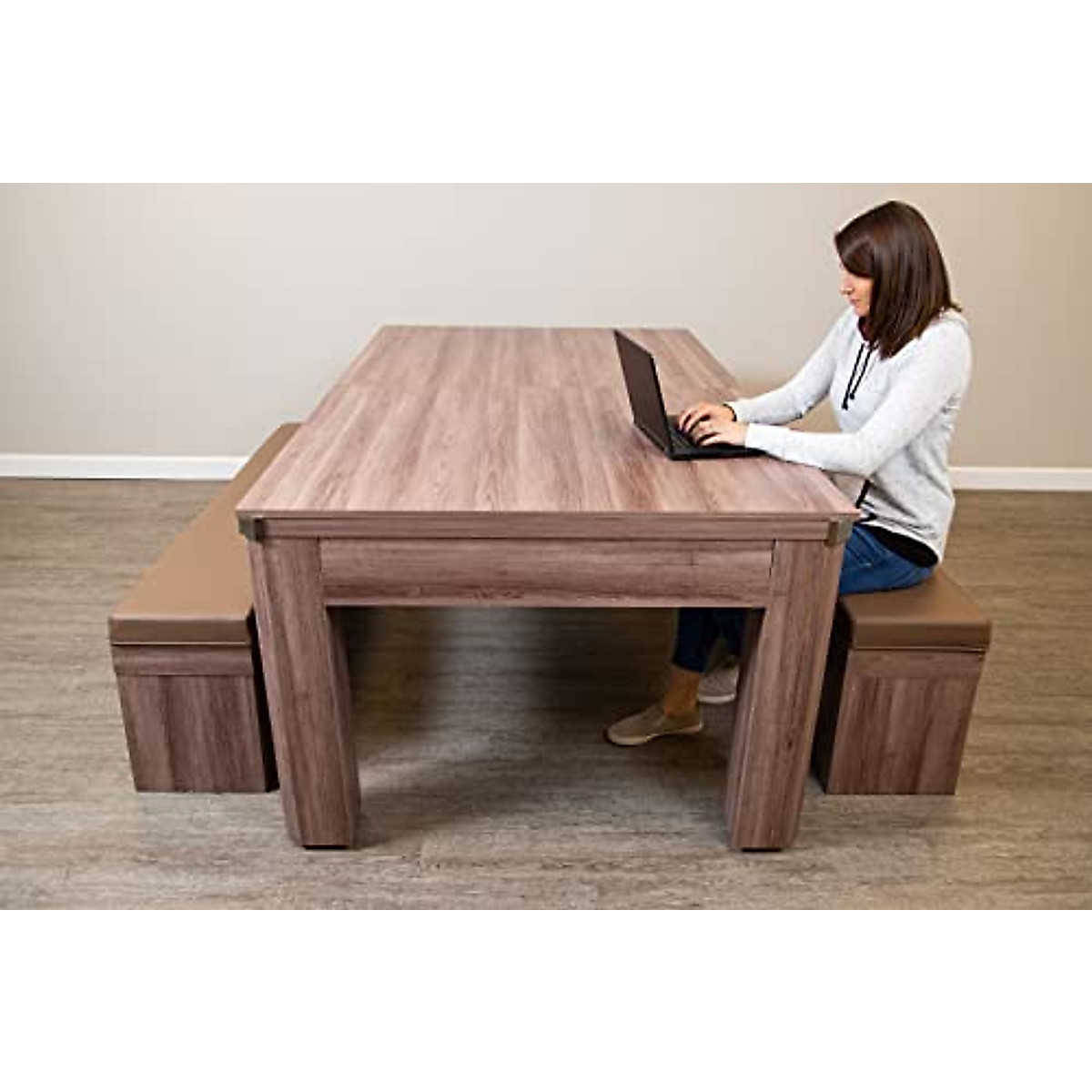 Hathaway Newport 7-ft Pool Table Tennis Combination with Dining Top, Two Storage Benches with Accessories - Driftwood