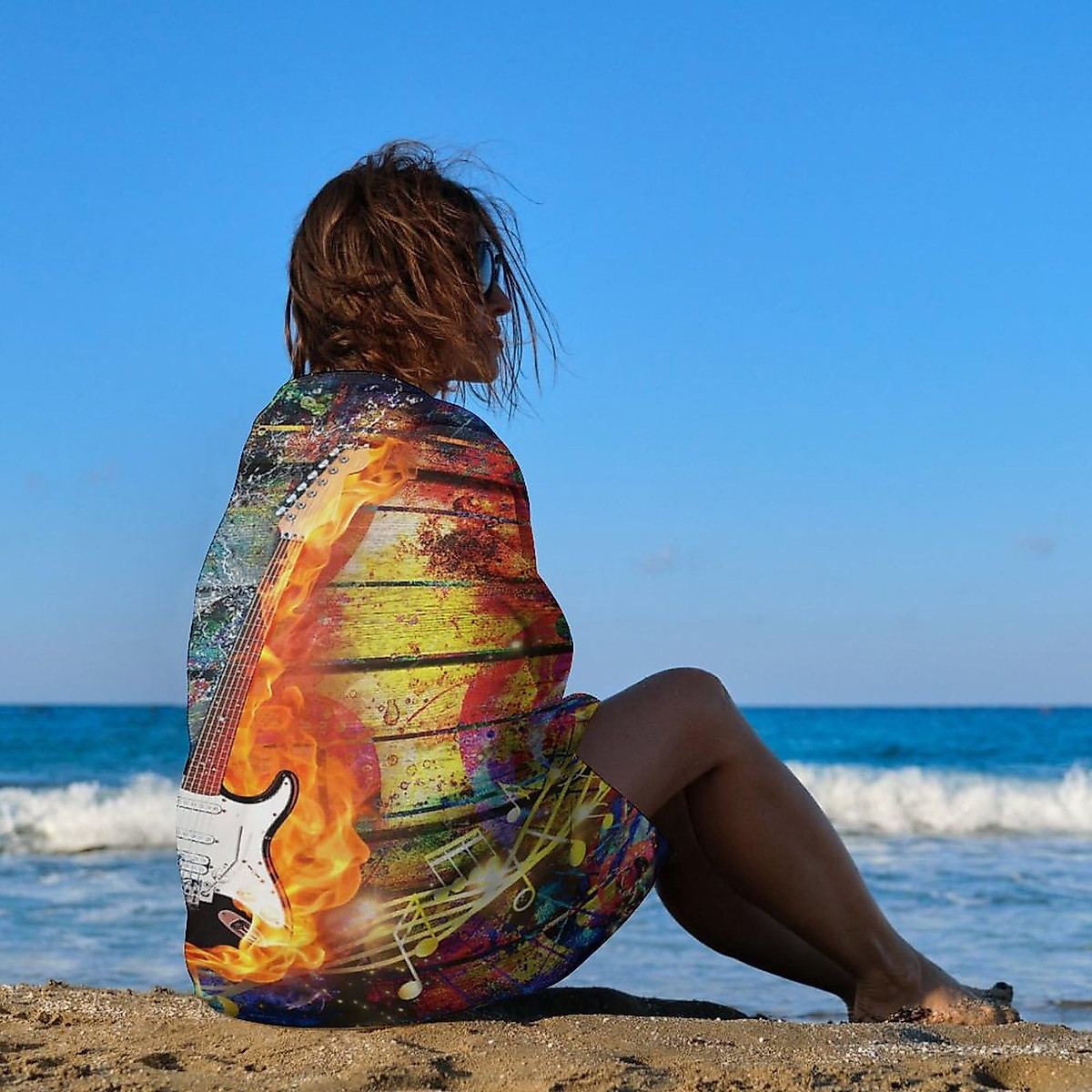 Brebasf Abstract Colorful Guitar Oversized Lightweight,Extra Large Soft Beach Towels Music Note Colorful Woodern Board Jazz Music Sauna Beach Gym,51W x31L