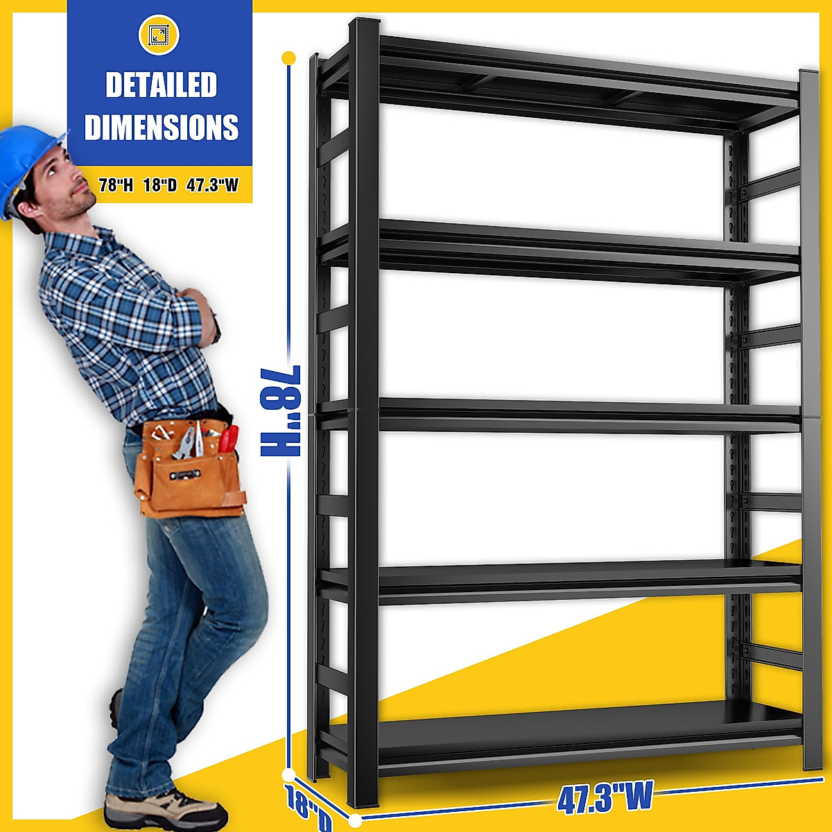PRESTELION 78" H Garage Shelving,3000LBS Heavy Duty Garage Storage Shelves,Adjustable 5 Tier Metal Shelving Unit,for Garage Warehouse Basement Industrial Utility Racks,Black
