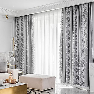 ErZhuiZi Double Layer Blackout Curtains for Bedroom Window Curtain with Hooks Sheer Embroidery Tulle Curtains Drapes for Living Room Bedroom, 2 Panel,Grey-3x2.7Mx2