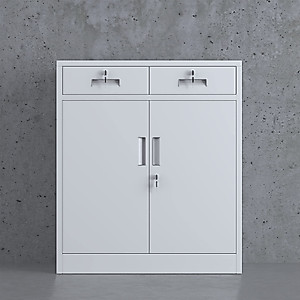 JINGUR Metal Storage Cabinet with Locking Doors and 2 Drawers, Lockable Storage Cabinets with Adjustable Shelf for Home Office and Garage (White)