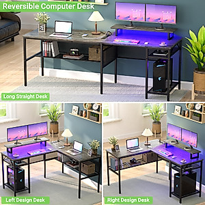 Unikito L Shaped Computer Desk with Magic Power Outlets and Smart LED Light, Reversible 55 Inch Corner Office Desk with Monitor Stand, Unique Grid Design, Gaming Table with Storage, Black Oak