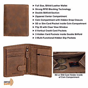 DiLoro Mens Full Size Large Capacity Genuine Full Grain Leather Wallet Bifold Flip ID Coin & Zip Pockets RFID Blocking Anti-Theft (Bugatti Tan)