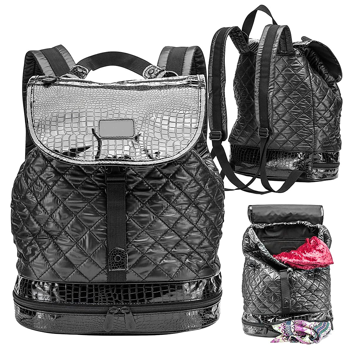 Closeout Services Corp. Bella Mia Uptown Day Pack - Stylish Black Quilted Body with Comfortable Backpack Straps, Perfect for Everyday Adventures and Chic Urban Exploration