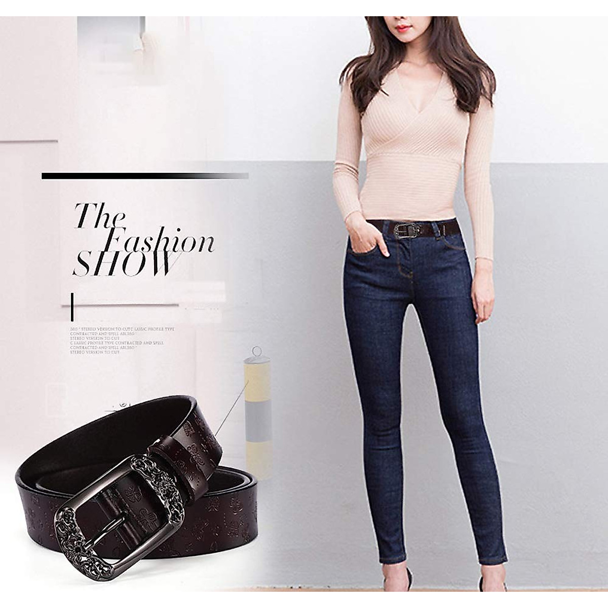 Worry-Free Shopping Women's Cowhide Leather Waist Belt Pin Buckle Butterfly Pattern for Jeans (Dark Coffee)