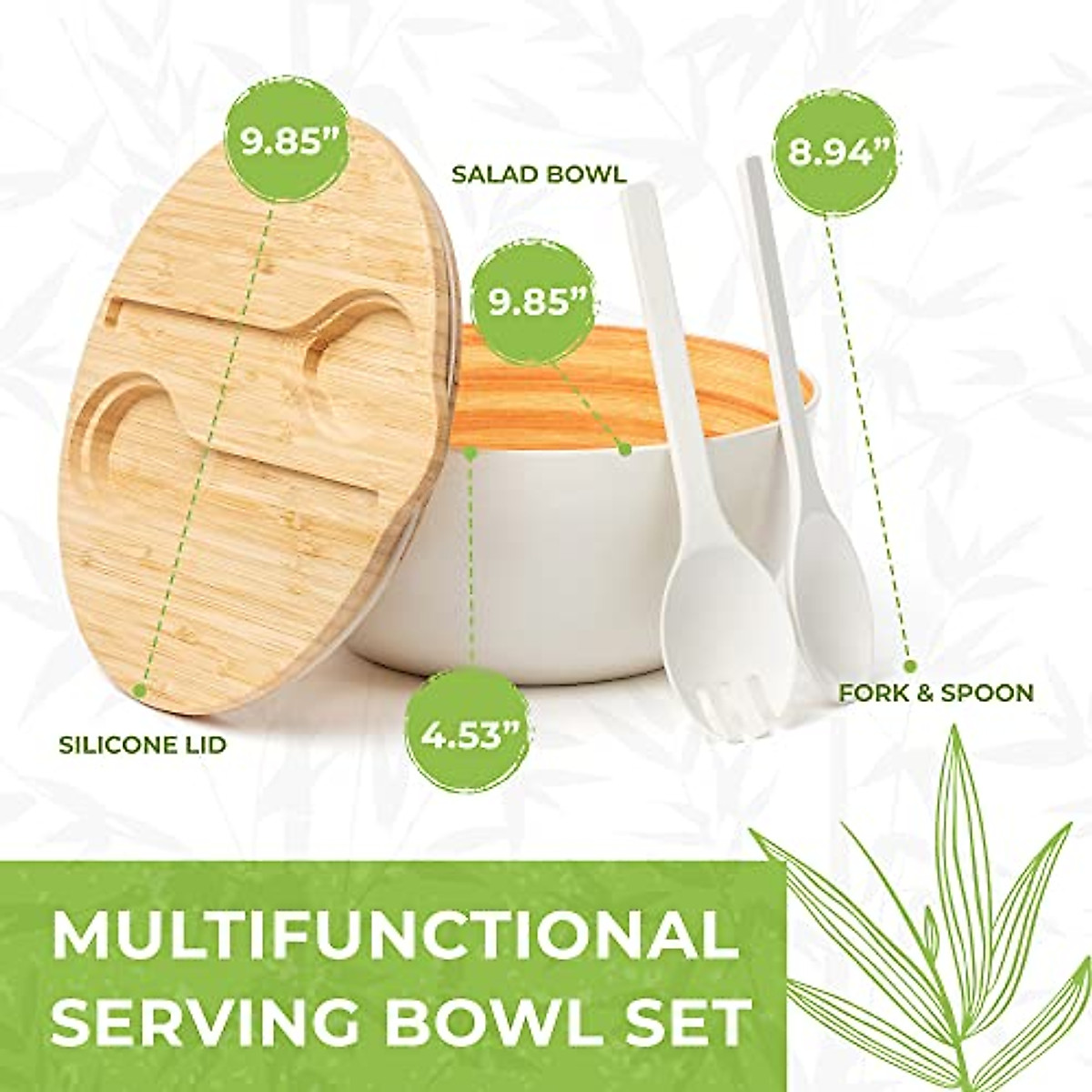 Cuffie Chef - Large Salad Bowl with Lid, Bamboo Salad Serving Bowl with Silicone Seal, Light & Sturdy Salad Bowl, Sleek Serving Bowls with Lids & Utensils, Complete Salad Bowl Set, 9.85 inches, White