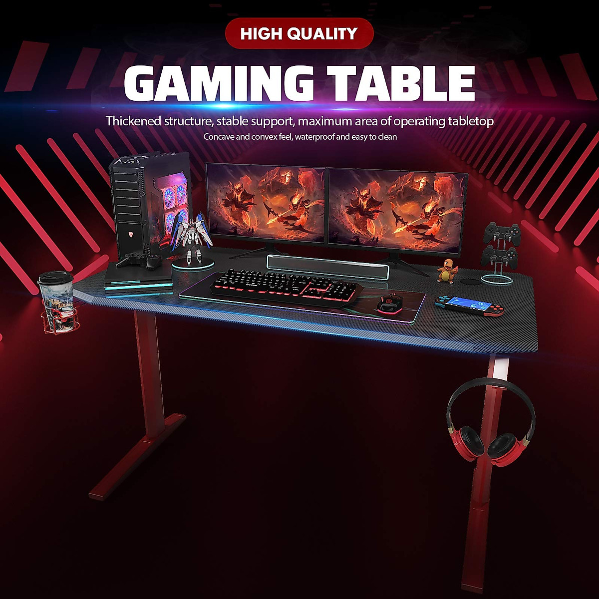 Foxemart Gaming Desk 55 inch PC Gaming Desk, Game Computer Desk Workstation, T-Shaped Professional Gaming Desk, Home Office Computer Table with Cup Holder & Headphone Hook