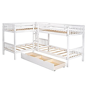 HYC L-Shaped Bunk Bed with Drawers, Bunk Bed for 4 Twin Over Twin for Boys Girls Kids Teen Wood Quad Bunk Beds Frame, White